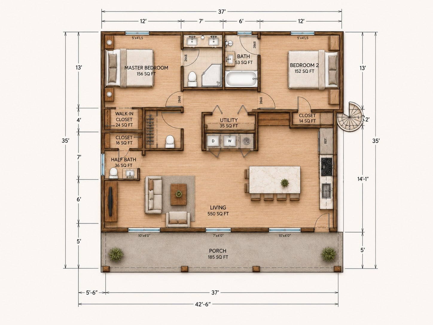 37x35 1300 Sq Ft ADU Casita Floor Plan | Arizona Casita Builders